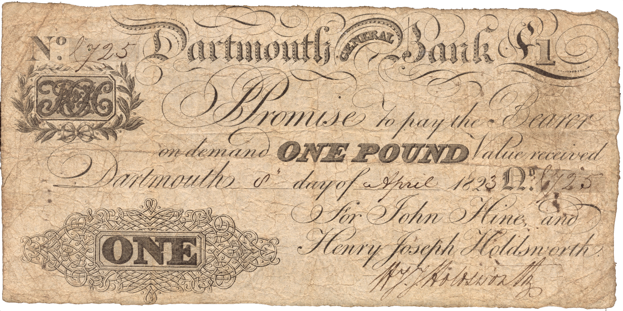 Dartmouth General Bank 1823 £1 banknote GF Outing 639a – Coins and ...