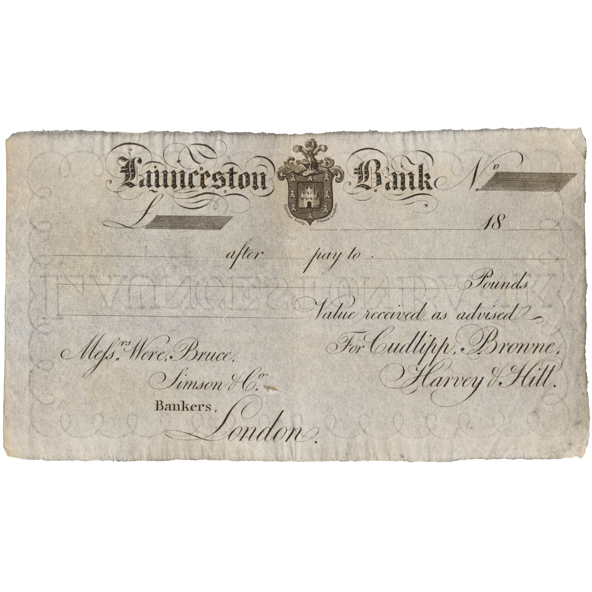 Launceston Bank 18-- (1810 - 1811) unissued bank drafts or payment ord ...