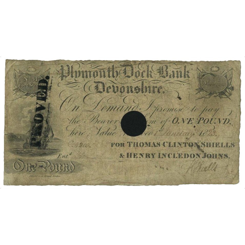 Plymouth Dock Bank 1823 £1 banknote Outing 683c – Coins and Banknotes